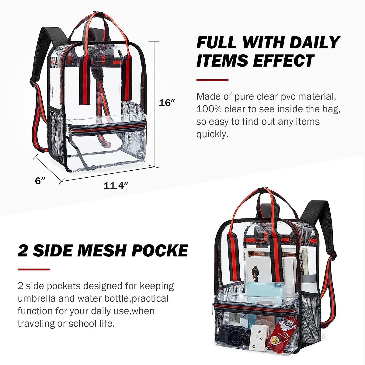 mommore Heavy Duty Clear Backpack Durable See Through Bookbags for School, Work (Red Black, Large)