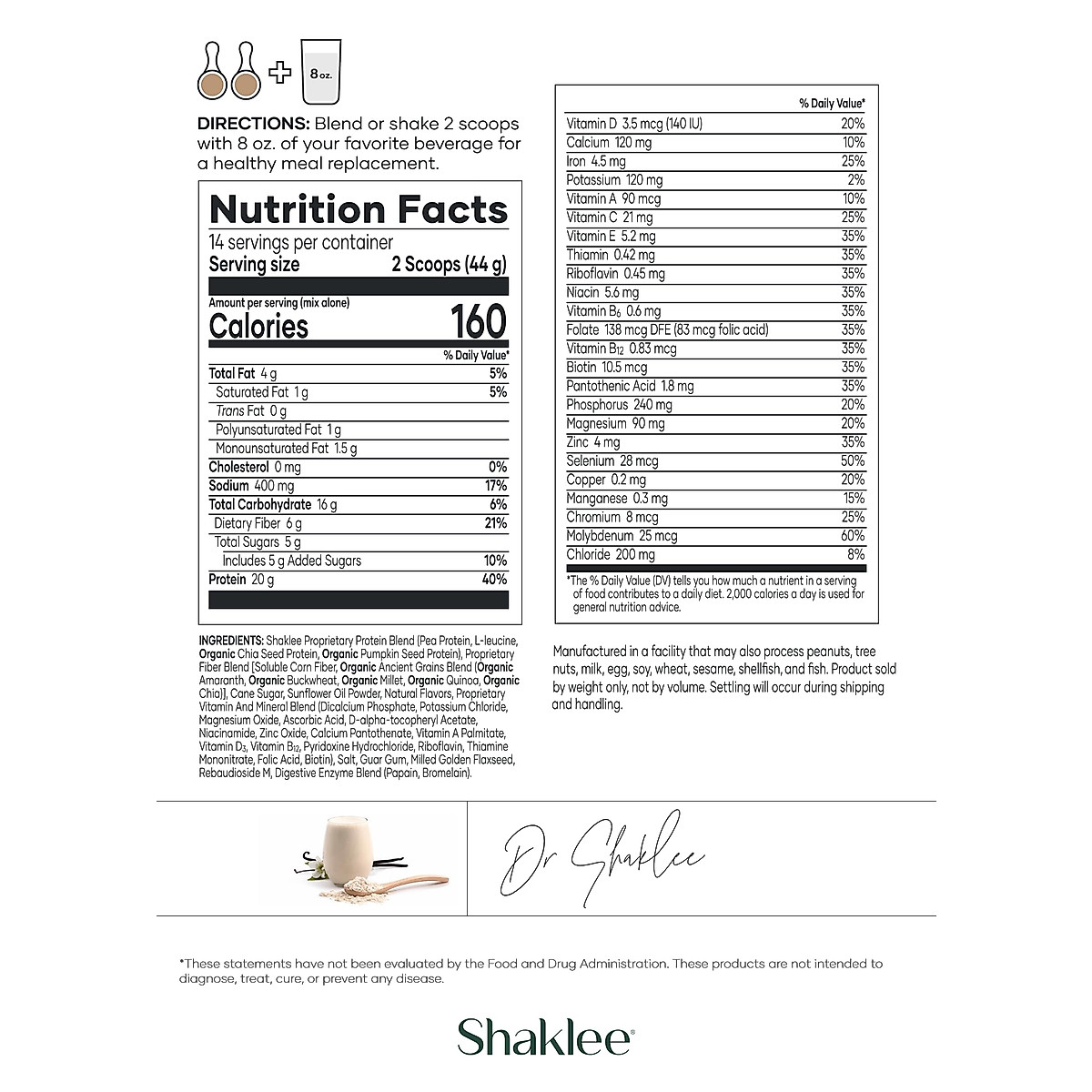 Shaklee Life Shake™ Plant Protein French Vanilla - Complete Meal Replacement with 20g Protein, 6g Fiber, 24 Vitamins & Minerals - Supports Satiety & Healthy Weight - Non-GMO - 14 Servings