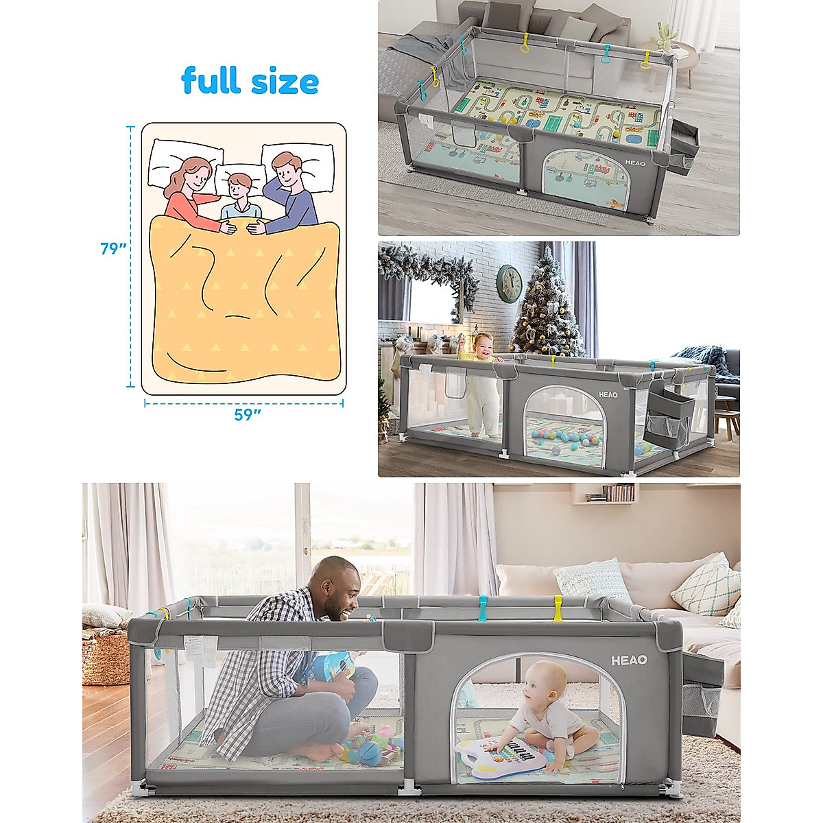 HEAO XXL 79x59 Baby Playpen with Playmat & stroage Bag Kids Large Playard with 30PCS Pit Balls Indoor & Outdoor Kids Activity Center Infant Safety Gates Light Grey