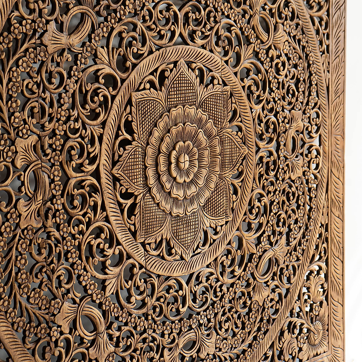 Queen Mandala Head Board Wood, Carve Wall Art Hanging, Reclaim Teak Medallion Panels, Weathered Brown Stain Finishing, 60 inches