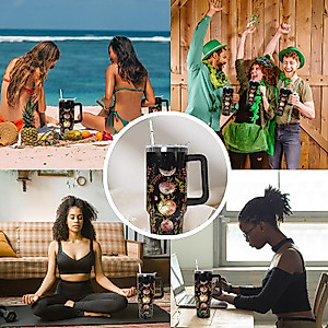 Rcvlauf 40 oz Tumbler with Handle and Straw Goth Tumbler Leak Proof Insulated Cup 40 oz Gothic Flower Moon Coffee Travel Mug Witchy Decor Stuff Goth Gifts for Women