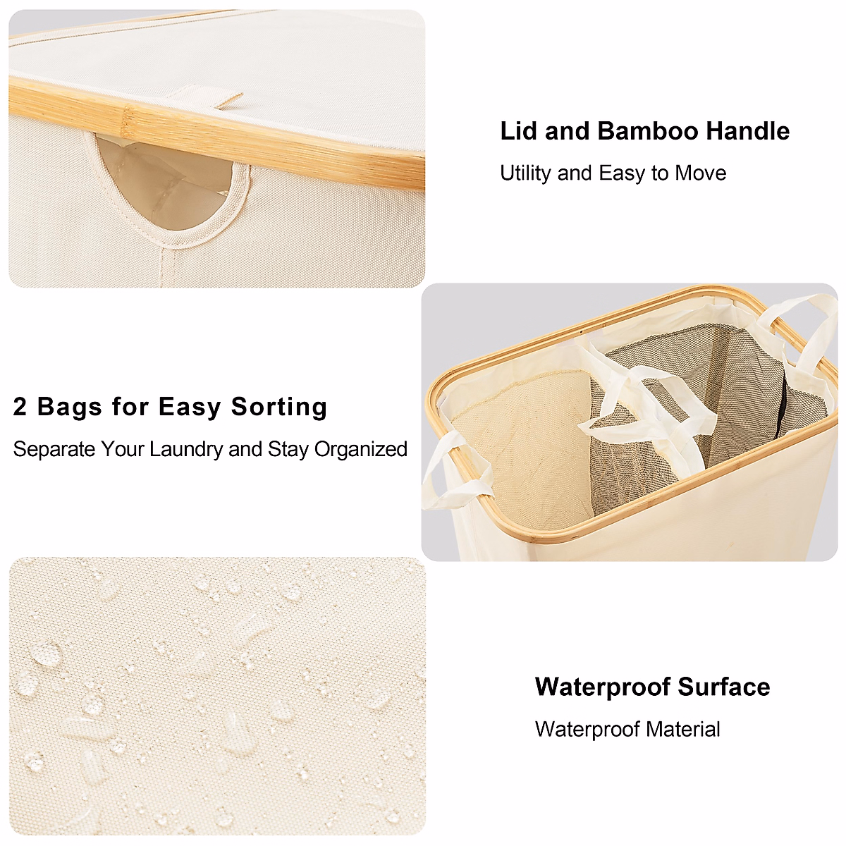 Double Laundry Hamper with Lid and Removable Laundry Bags,145L Large Laundry Hamper 2 Section Collapsible Dirty Clothes Hamper for Laundry Room,College Dorm,Bathroom Beige