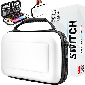 Orzly Carry Case for White Nintendo Switch OLED Console with Accessories and Games Storage Compartment - Easy Clean Case Gift Boxed Edition