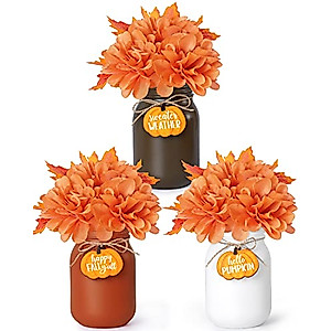 Nefelibata Fall Mason Jar Floral Arrangement Table Centerpiece with Faux Maple Leaves Pumpkins Slices Autumn Farmhouse Decor Tiered Tray Happy Fall Y'all Home Ornaments Set of 3 Orange-White-Brown