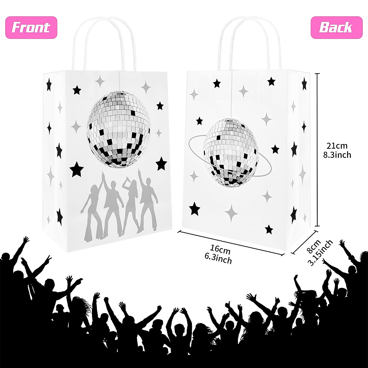 36 Pcs Disco Ball Gift Bags Disco Party Disposable Gift Bag 70s Disco Party Supplies for Candy Goodies Gifts, Disco Paper Bags with Handles for Wedding Bachelorette Party Decoration (White)