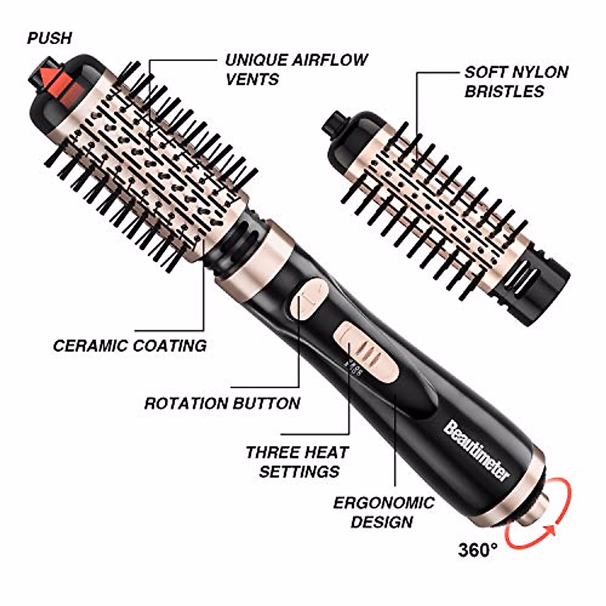 Beautimeter Hair Dryer Brush, 3-in-1 Round Hot Air Spin Brush Kit for Styling and Frizz Control, Negative Ionic Blow Hair Dryer Brush Volumizer, 2 Detachable Auto-Rotating Curling Brush, Black & Gold