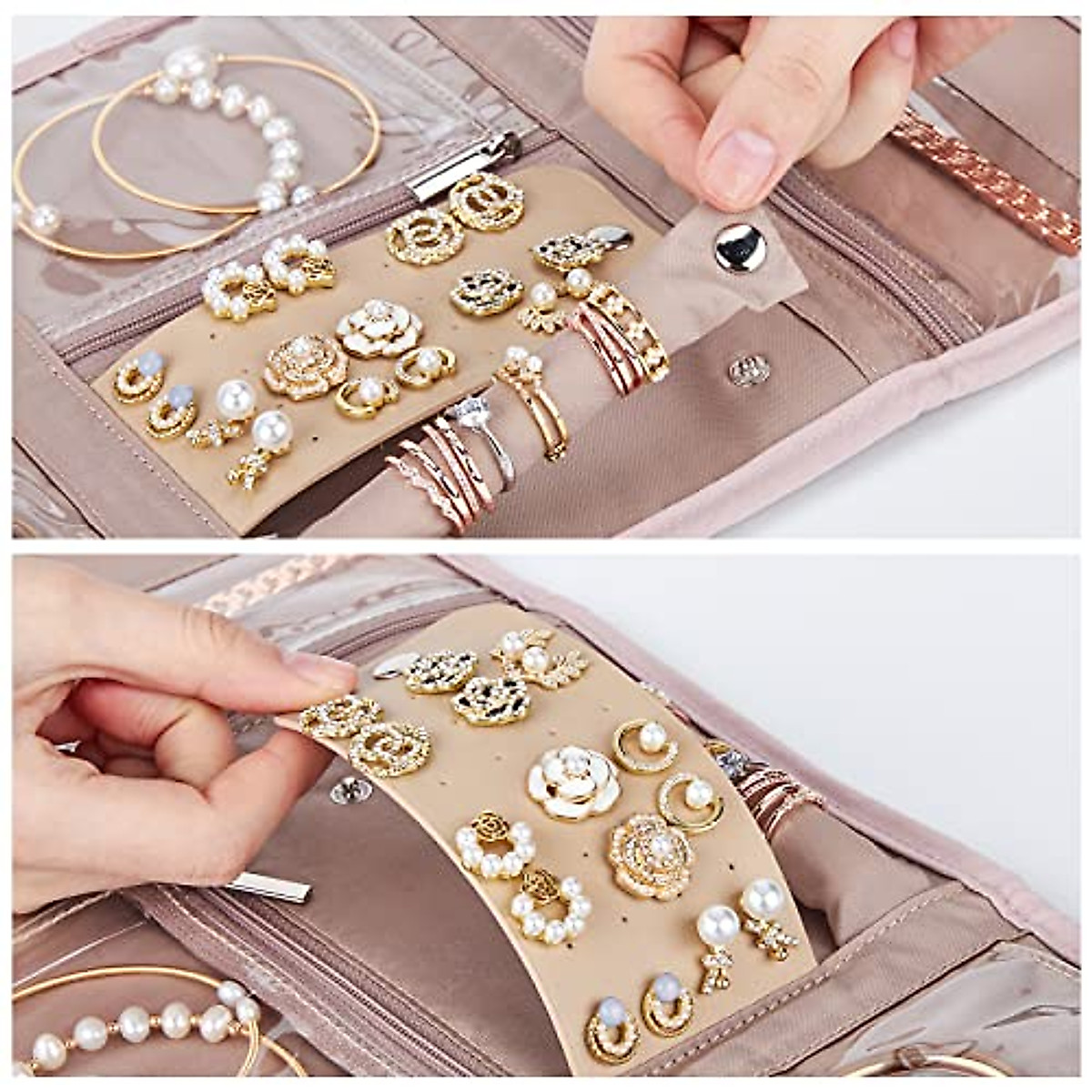 BELALIFE Travel Jewelry Case Organizer, Foldable Jewelry Storage Roll for Earrings, Necklaces, Rings, Bracelets, Brooches, Pink