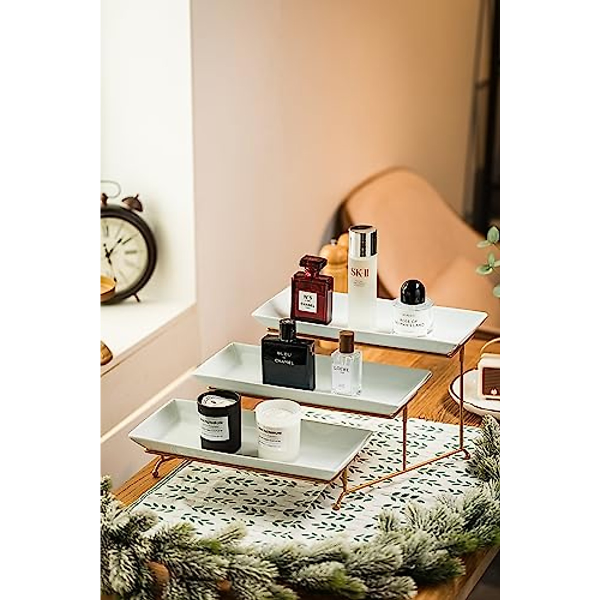 Large 3 Tier Serving Stand Tiered Serving Trays Collapsible Sturdier Rack with 3 Porcelain Serving Platters for Fruit Dessert Presentation Party Display Set, 14 Inch