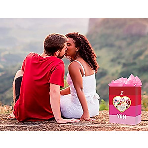 FLYAB Valentines Day Gift Bag with Tissue Paper 11.5" Valentines Gift Bag with Handle Clear Heart Gift Bags for Anniversary Wedding Valentine's Day Party Favors Birthday Valentines Gifts Wrapping