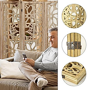ECOMEX 4 Panel Cutout Room Divider 5.6Ft Wood Room Dividers and Folding Screens Carved Room Dividers Screen for Home Office Restaurant Bedroom, Natural