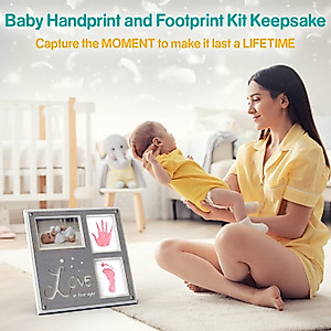 1Dino Premium Baby Handprint and Footprint Kit - 12.6” x 12.2" White/Grey Wood Picture Frame - Includes 2X Clean Touch Ink Pad Pink for Baby Hand and Footprints - Registry for Baby, Baby Shower Gifts
