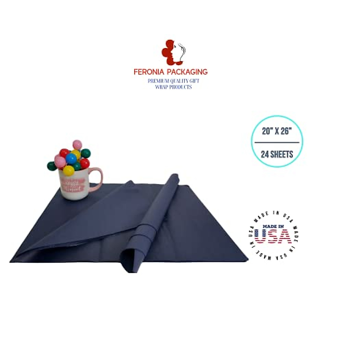 Navy Blue Tissue Paper Squares, Bulk 24 Sheets, Premium Gift Wrap and Art Supplies for Birthdays, Holidays, or Presents by Feronia packaging, Large 20 Inch x 26 Inch