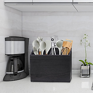 Wooden Kitchen Utensil Caddy With 2 Compartments, Rustic Kitchen Utensil Holder for Kitchen Countertop, Wood Utensil Crock Organizer Box for Farmhouse Kitchen Decor (black)