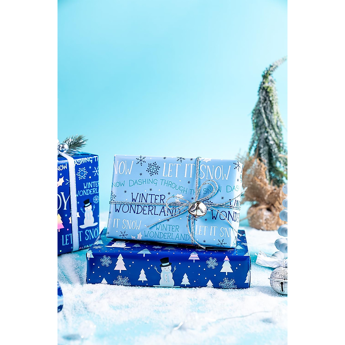 WRAPAHOLIC Christmas Wrapping Paper Roll - Mini Roll - 3 Rolls - 17 Inch x 120 Inch Per Roll - Blue and White Winter Wondland, Snowflake, Snowman Holiday Collection with Metallic Foil Shine