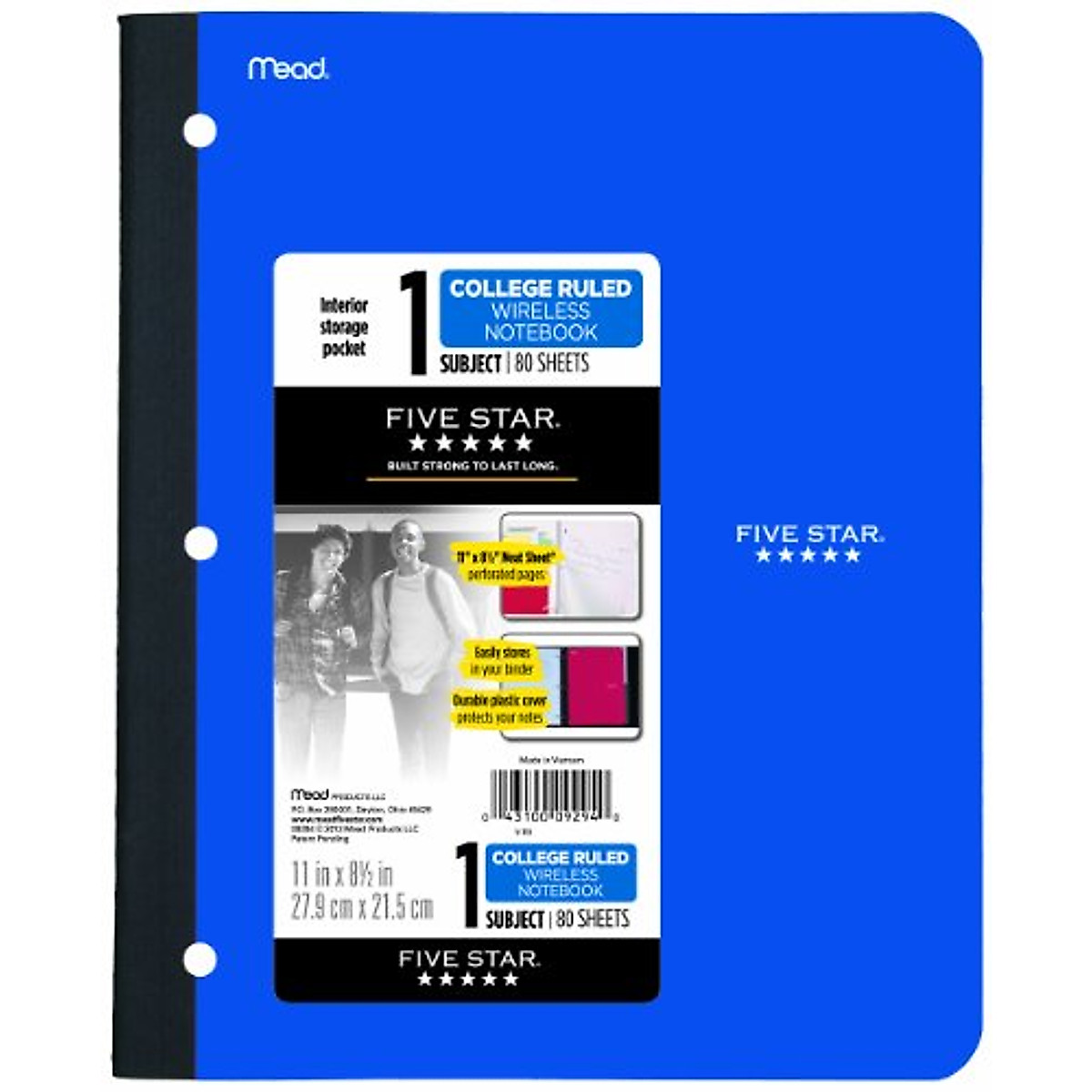 Five Star Bound Notebook with Pocket, 1 Subject, College Ruled Paper, 80 Sheets, 11" x 8-1/2", Color Selected For You, 1 Count (09294)