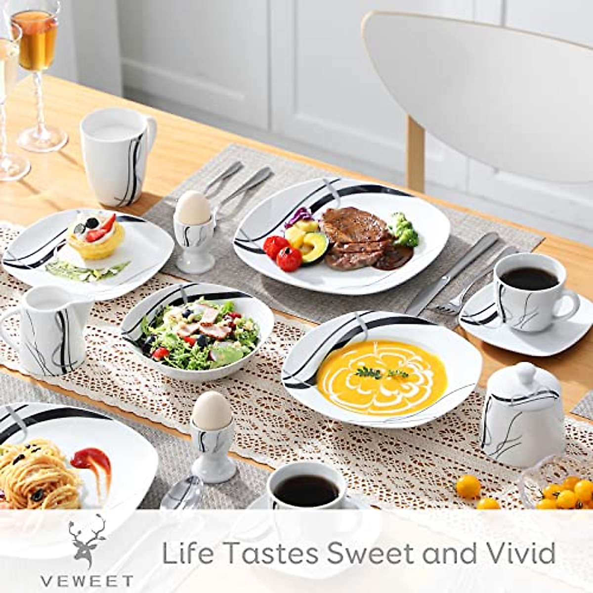 VEWEET, Series Fiona, Dinnerware Sets for 6, 50-Piece Porcelain Dish Set, Including Dinner Plates and Bowls, Mugs, Egg Cups, Cup and Saucer Set, Milk Jug Sugar Pot, Microwave Dishwasher Safe