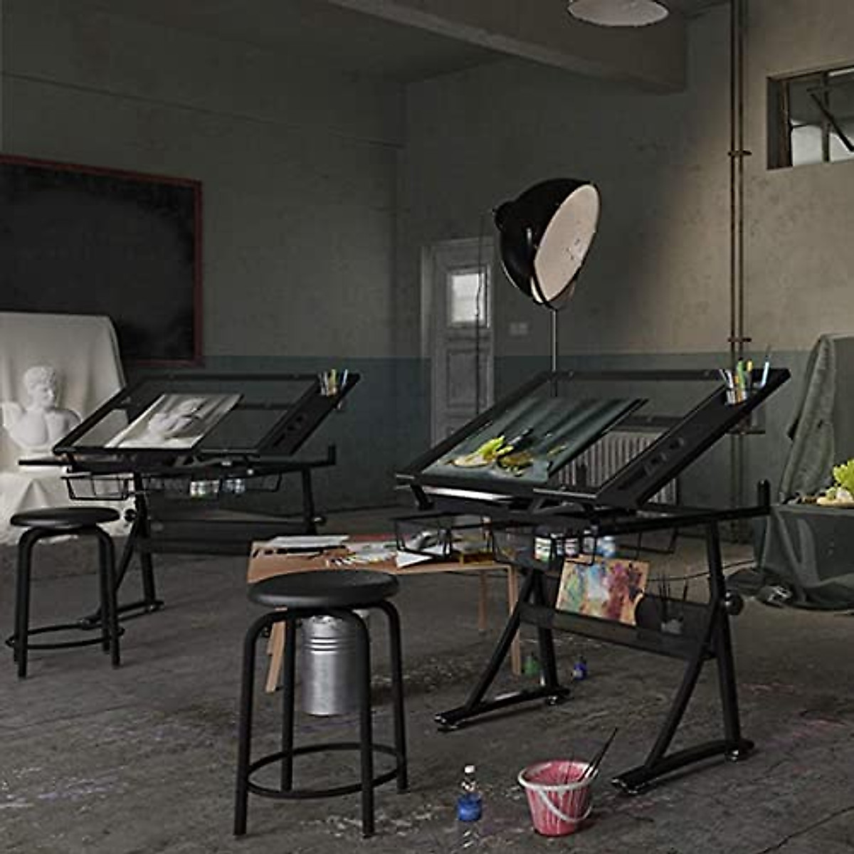 XiVue Drafting Table with Storage, Height Adjustable Tiltable Art Desk, Glass Panel Drawing Desk, for Work Study Painting Craft Table