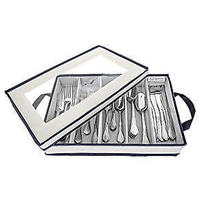 Chapman & Grand Flatware Storage Chest with Lid for Utensils, Silverware, Flatware – Securely Sewn Dividers with Large Capacity (Light Beige-Navy)