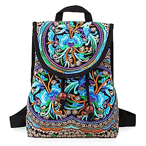 MAZEXY Handmade Embroidered Backpack for Women, Boho Shoulder Bag Vintage Ethnic Flower Cross-body Bag (Blue)