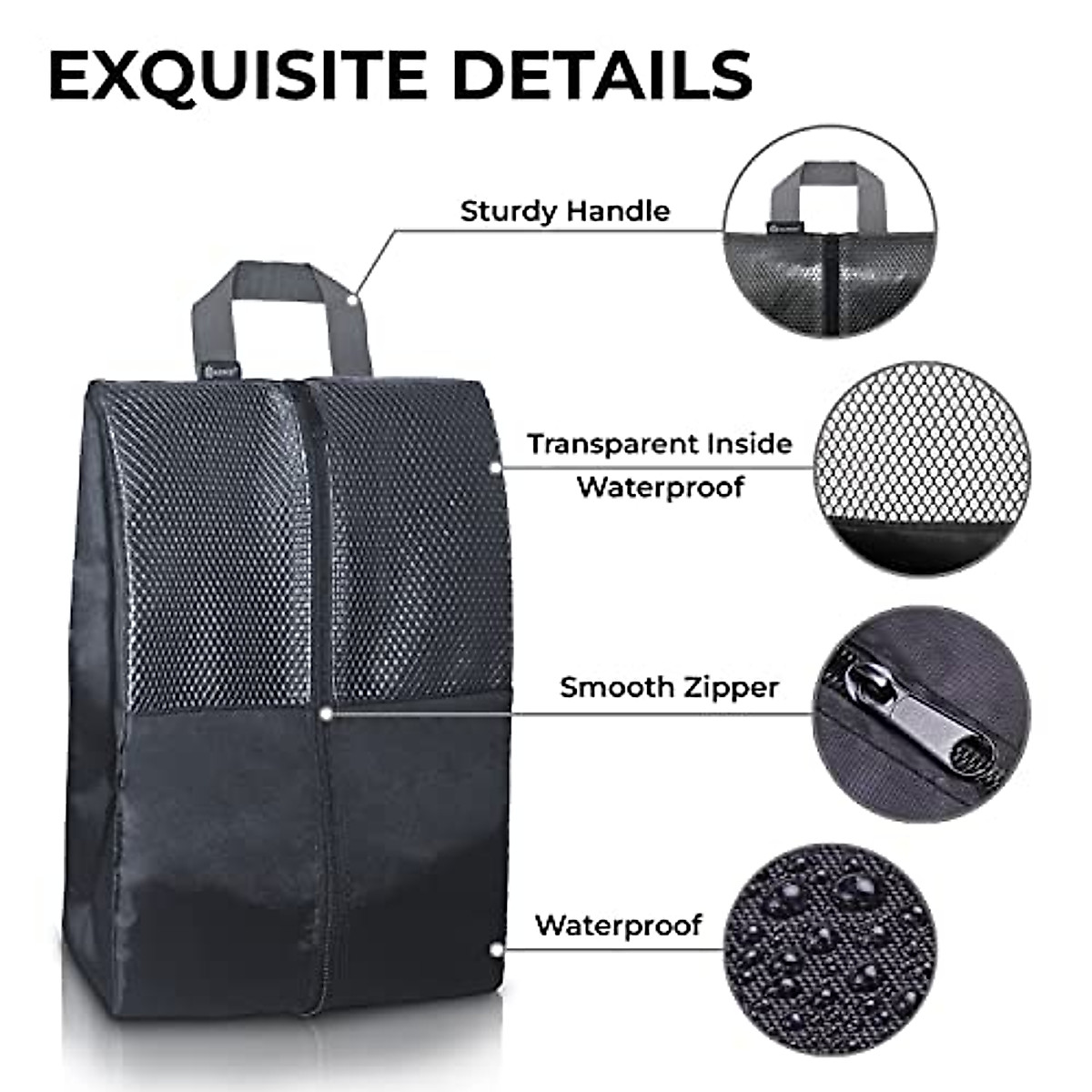 HANOZI Shoe Bags For Travel, Used As For Storage or Shoe Travel Bag, Space Saving When Travelling With This Travel Shoe Bags For Packing, Featuring Waterproof Nylon Sneaker Bag (Black, 2 Pack, Medium)