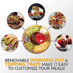 Taco Tuesday Heated Lazy Susan Taco Bar Serving Set for a Party with 4 Tortilla Holders, Fondue Pot for Burritos, Nachos, and Fajitas - 20 Oz. - Red