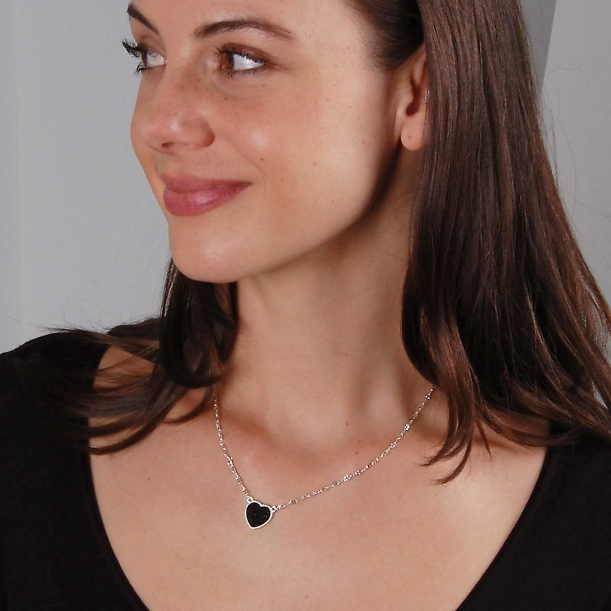 Humble Chic NY Black Heart Necklace, Silver Tone - Women's Preppy Black Necklace, Simulated Druzy Chain, Black Pendant