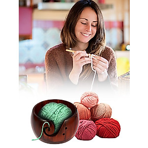 US Wooden Yarn Bowl Round Crochet Bowl Holder with Holes Pine Knitting Yarn Bowls Wooden Weaving Thread Bowl with Lid Portable Yarn Storage Bowl for DIY Knitting Crafts 5.9x5.9x3 inch(Dark -colored)