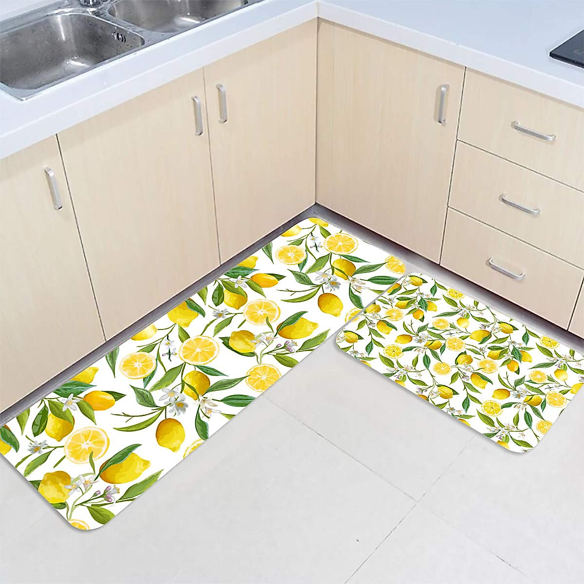 2 Piece Kitchen Mat Set,Summer Fruit Soft Rugs Cushioned Non Slip Area Rug Runner Carpet Water Absorbent Indoor Doormats Yellow Lemon Floal
