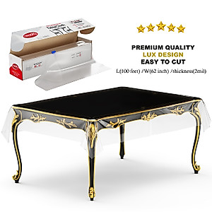 Neatiffy 62 in x 100 ft - Clear Disposable Plastic Table Cloth Roll with Slide Cutter | Waterproof Covers Any Size or Shape