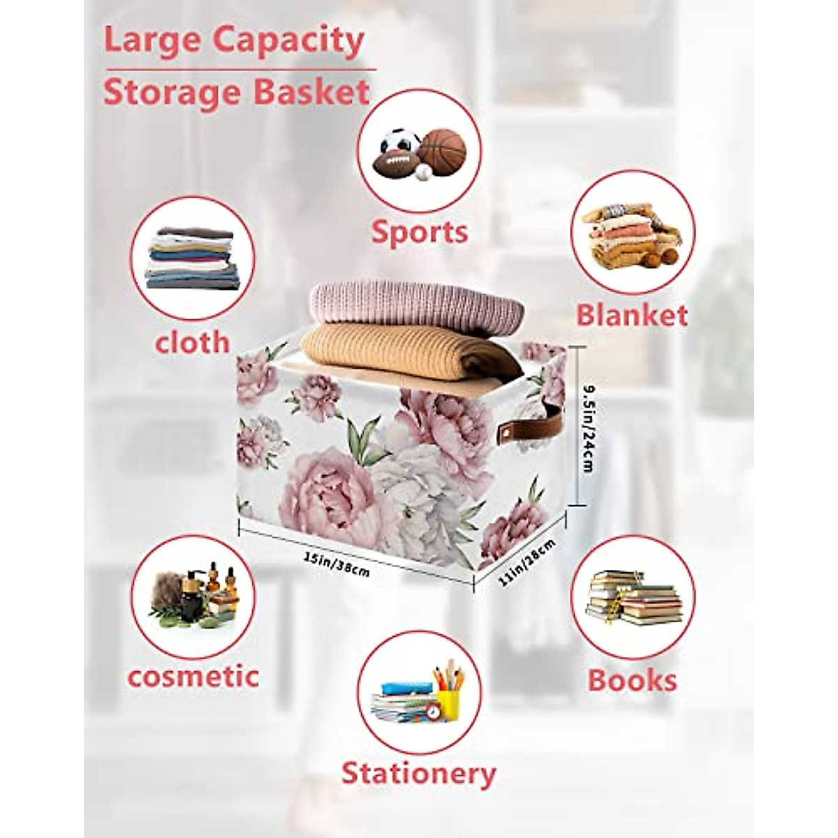 Spring Floral Storage Bins 2 Pack, Large Waterproof Storage Baskets for Shelves Closet, Farmhouse Pink Summer Flowers White Storage Basket Foldable Storage Box Cube Storage Organizer with Handles
