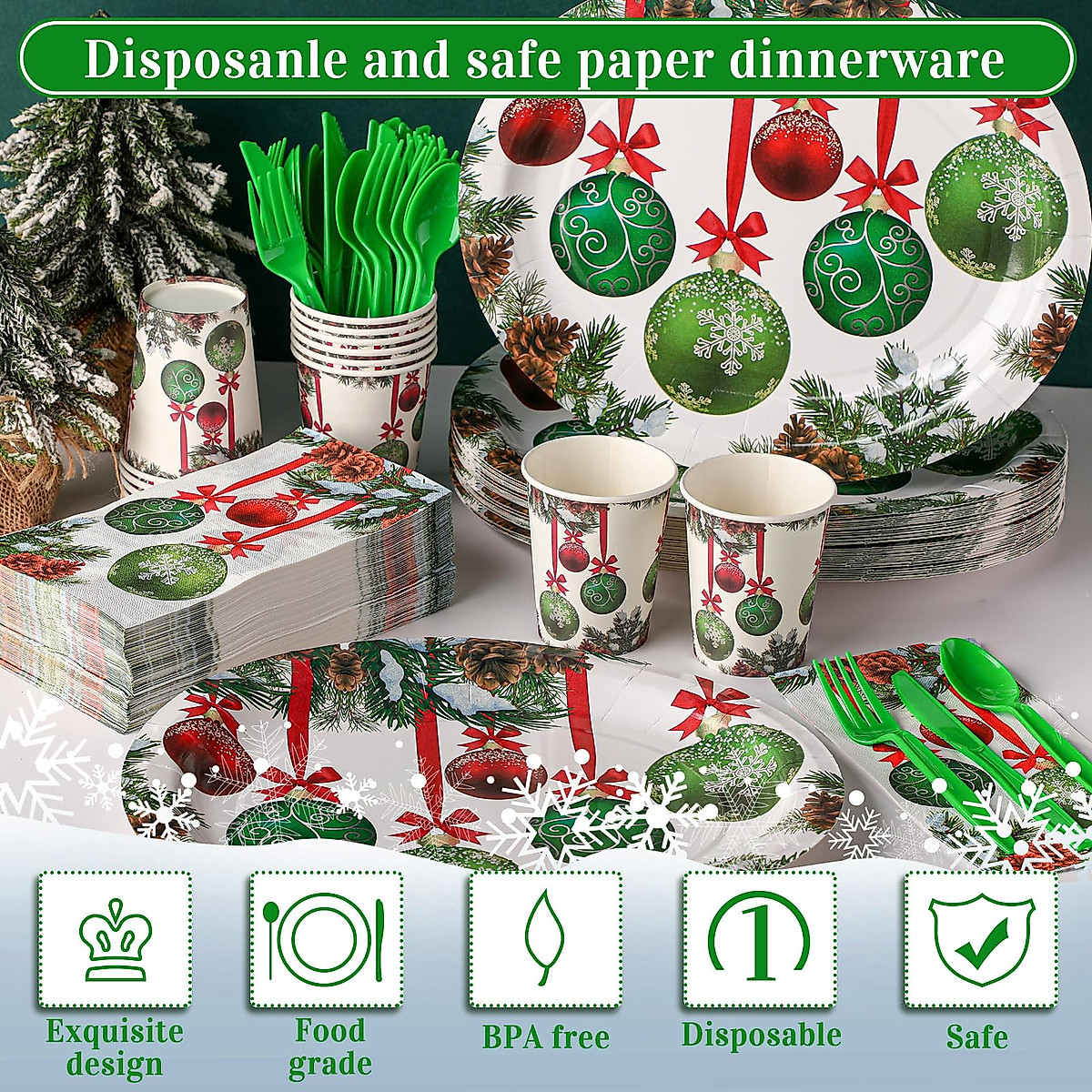 Suttmin 400 Pcs Red Green Balls Plates and Napkins for 50 Guests Bridal Shower Party Decorations Disposable Dinnerware Set Disposable Plates Napkins Cups Set for Summer Christmas Party Supplies