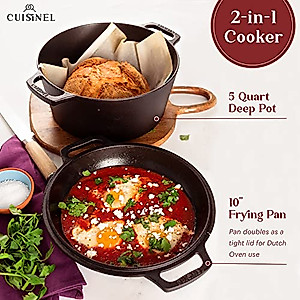 Cuisinel Cast Iron Dutch Oven - 5-Quart Deep Pot - Preseasoned 2-in-1 Multi-Cooker - Combo Lid Doubles as 10"-inch Skillet Frying Pan + Silicone Handle Covers + Scraper - Indoor/Outdoor Bread Cookware
