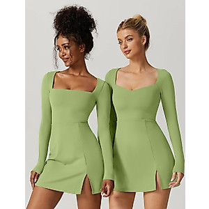 QINSEN Womens Light Green Mini Dress Long Sleeve Square Neck Side Slit Tennis Dresses L