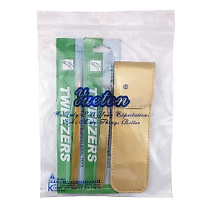 yueton 2pcs Gold Color Coated Stainless Steel Straight and Curved Head Tweezers with Leather Case for Eyelash Extension