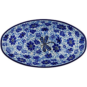 Authentic Polish Pottery 6¾-inch Oval Bowl made by Ceramika Artystyczna (Misty Dragonfly Theme) + Certificate of Authenticity