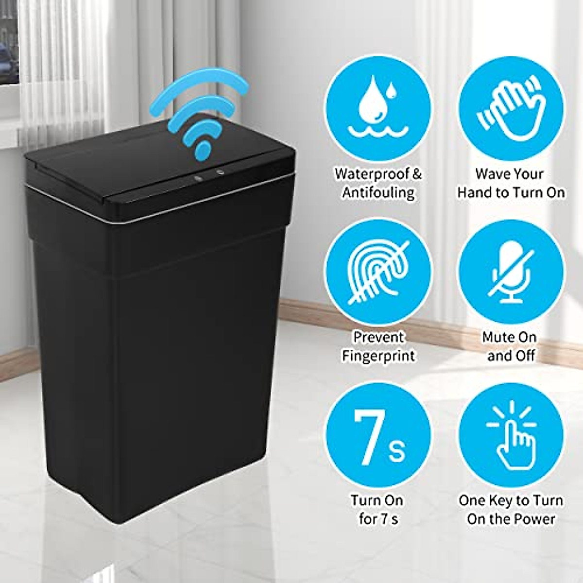 BLKMTY Trash Can 13 Gallon Trash Cans 50 Liter Kitchen Trash Can with Lid Plastic Garbage Can Automatic Garbage Bin Touchless Trash Bin for Office Bathroom Rubbish Can Auto Waste Bin, Black