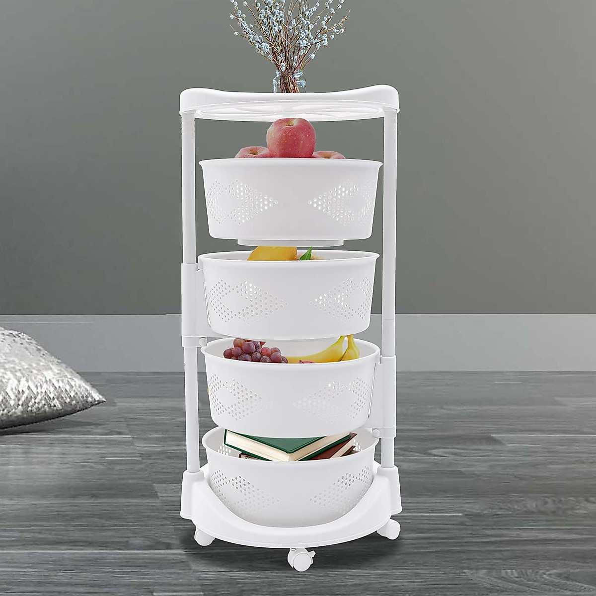 LOYALHEARTDY Rotating Storage Rack 4 Tier Round Mesh Baskets Storage Shelf Rack Adjustable Height Kitchen Storage Shelf with 5 Lockable Casters for Kitchen Bathroom Bedroom White