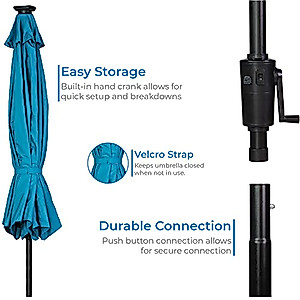 Sun-Ray 811022T 9' Round 8-Rib Solar Lighted Patio Umbrella, 32 LED Lights, Crank and Tilt, Aluminum Frame, Teal