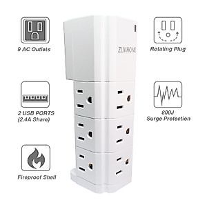 Wall Outlet Extender Surge Protector ZLMHONE 9AC Multiple Plug Outlet and 2 USB Charging Ports, 3-Sided Spaced Widely Wall Outlet Extender with Rotating Plug for Home, Office, Travel