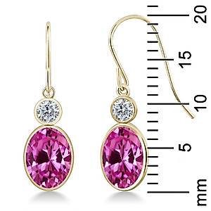 Gem Stone King 14K Yellow Gold Pink Created Sapphire and White Diamond Hook French Fish Ear Wire Dangle Earrings For Women (3.50 Cttw, Gemstone September Birthstone, Oval 8X6MM, Round 3MM)