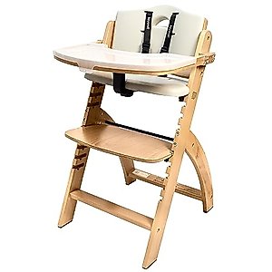 Abiie Beyond Junior Convertible Wooden High Chairs for Babies & Toddlers. 3-in-1 Adjustable High Chair with Removable Tray, Easy to Clean, Portable. 6 Mos. up to 250 Lb. Natural Wood/Dove Grey Cushion