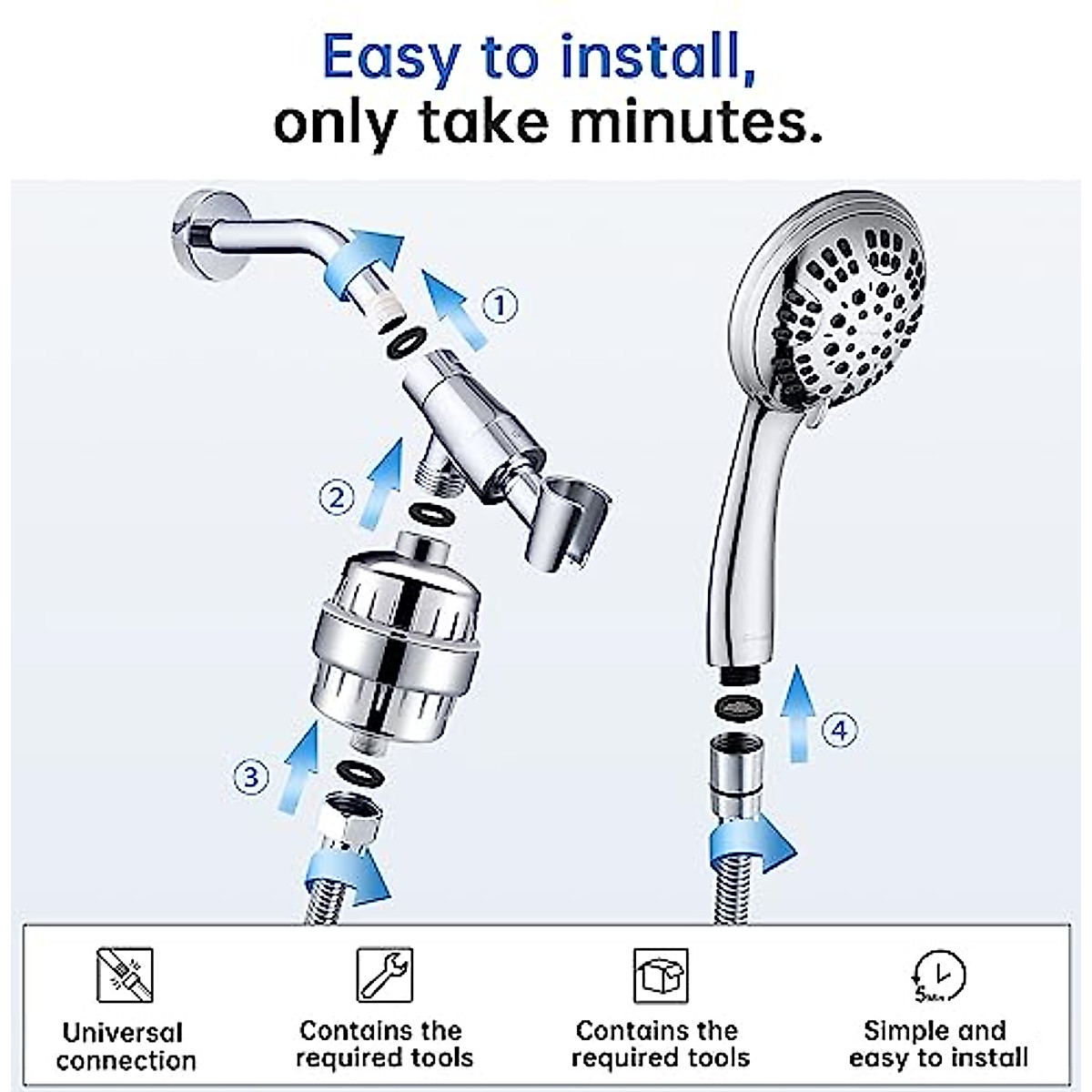 G-Promise Luxury Filtered Handheld Shower Head, 6 Spray Settings Shower Set with Effective Filter of 2 Cartridges, Adjustable Metal Bracket, Extra Long Stretchable Hose, Chrome (Chrome with Filter)