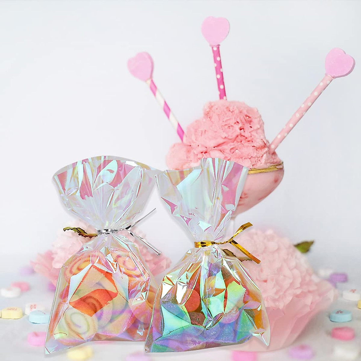 QTOP Cellophane Treat Bags,Iridescent Holographic Goodie Bags, Clear Cello Bags with Twist Ties for Birthday Party Favors, Valentines, Easter, Weddings，Halloween，Christmas (4x6 inches(pack of 100))