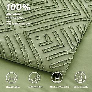 WURUIBO Green Queen Comforter Set 7 Piece Bed in a Bag,Tufted Shabby Chic Boho Bedding Comforter Sets,Soft Microfiber Textured Complete Bedding Set for All Season (Green,Queen)