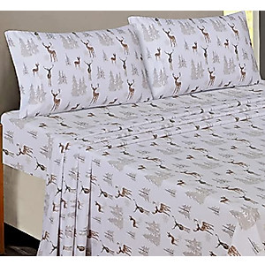 RUVANTI Flannel Sheets King Size - 100% Cotton Brushed Flannel Bed Sheet Sets - Deep Pockets 16 Inches (fits up to 18") - All Seasons Breathable & Super Soft - Warm & Cozy - 4 Pcs - Brown Deer