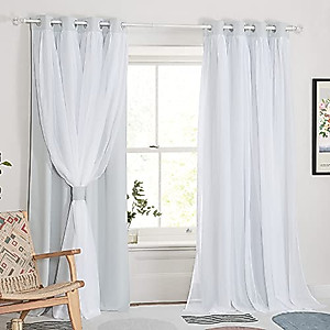 PONY DANCE Double Layer Curtains - White Curtains 84 inches Long with Sheer Overlay Nursery Panels for Bedroom/Living/Dining Room, 52 W by 84 L, Greyish White, 2 Pieces
