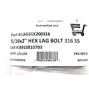 5/16 x 2 316 Stainless Steel Hex Head Lag Bolts Lag Screws Marine Grade (10 Pieces)
