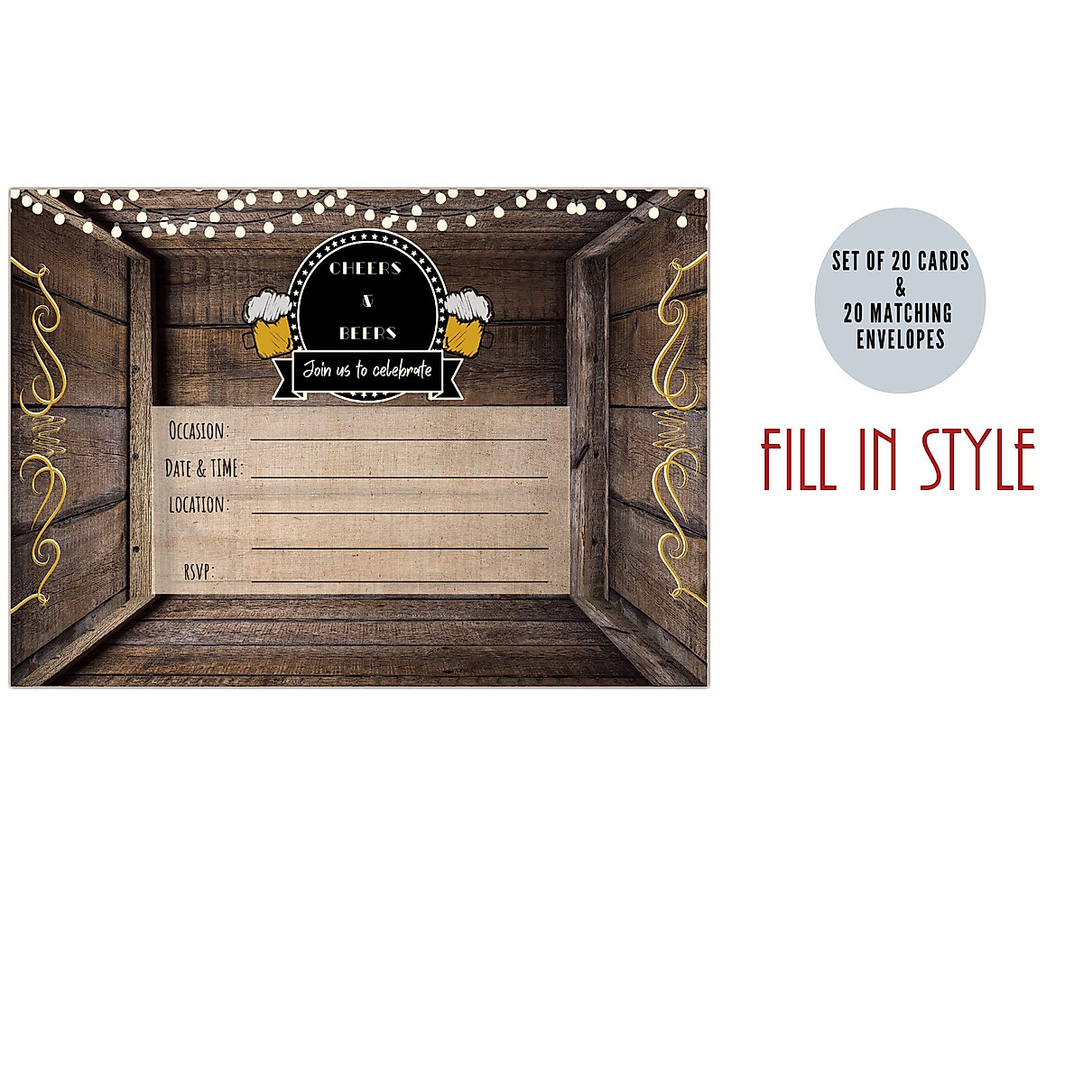 Elcer Cheers and Beers Birthday Country Rustic Fill In Set of 20 Invitations & envelopes 30 years 40 years 50 years Adult party All occasion Fill in invites
