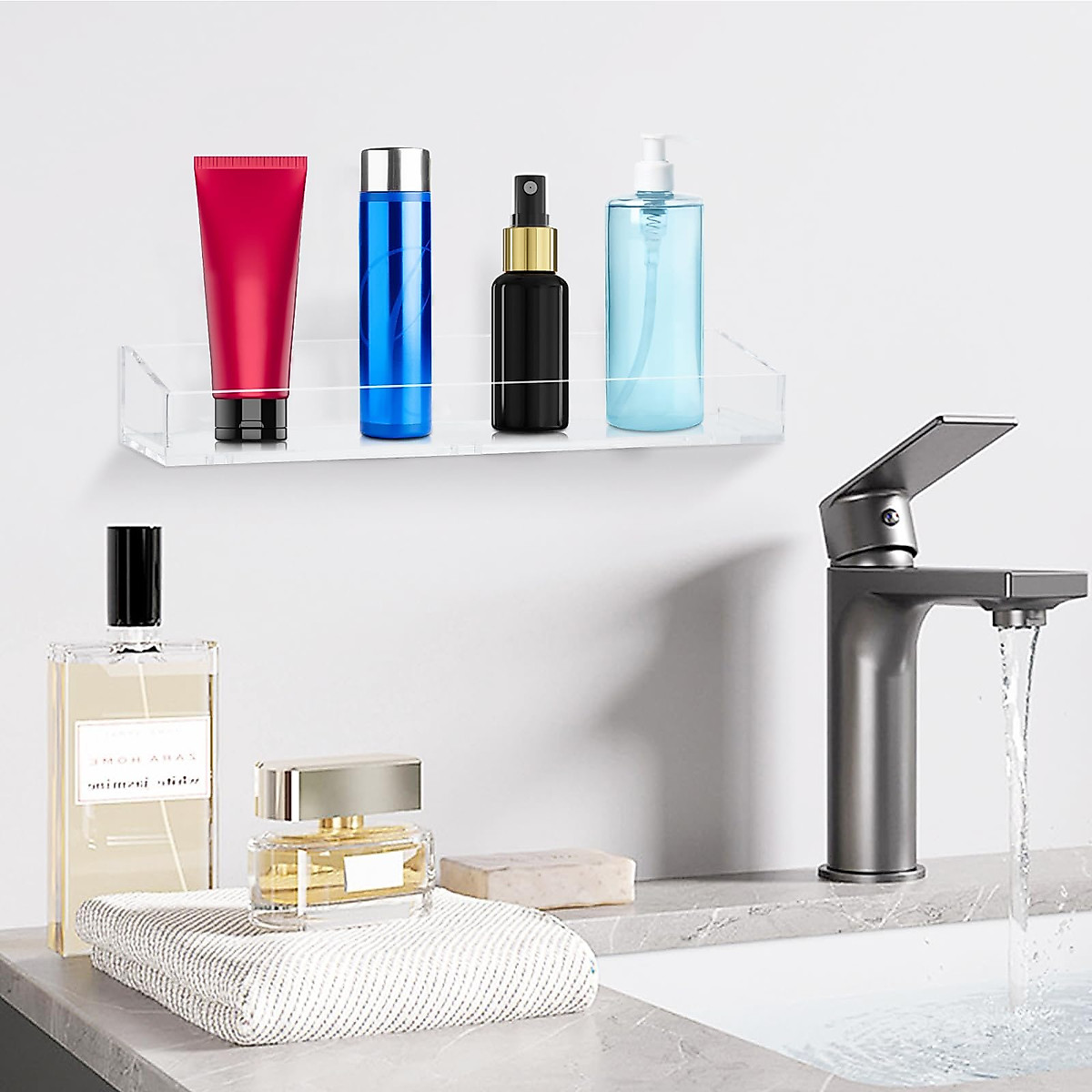 ClarityCraze 2 Pack Acrylic Bathroom Shelves, Clear Acrylic Shower Caddy Organizer, 15" Invisible Floating Shelves for Book/Figures/Photo/Makeup in Bathroom, Living Room, Bedroom, Kitchen