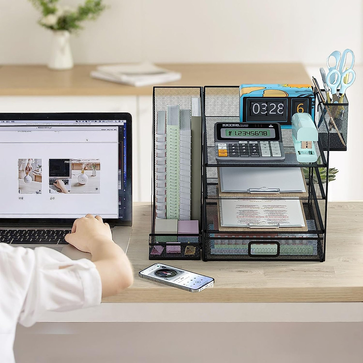 Desk Organizer, File Organizer for Desk with Vertical File Folder Holders, 4-Tier Paper Letter Tray with Sliding Drawer and Pen Holder, Desk Accessories & Workspace Organizers for Office School Home